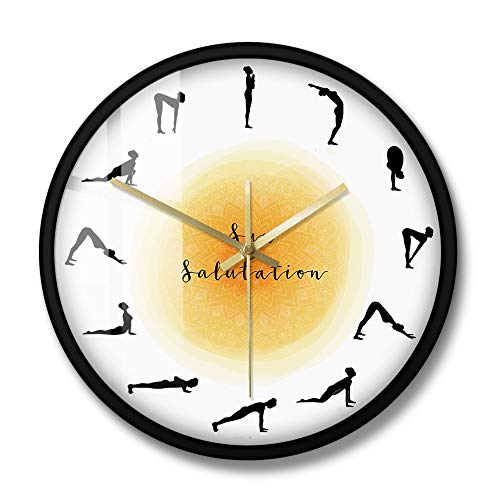 Wall Clock 12 inch Round Iron Frame Clock Yoga Pose Silhouette Wall Clock Non Ticking Sun Salutation Wall Clock Yoga Studio Decor Gift for Yogis