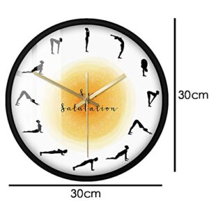 Wall Clock 12 inch Round Iron Frame Clock Yoga Pose Silhouette Wall Clock Non Ticking Sun Salutation Wall Clock Yoga Studio Decor Gift for Yogis