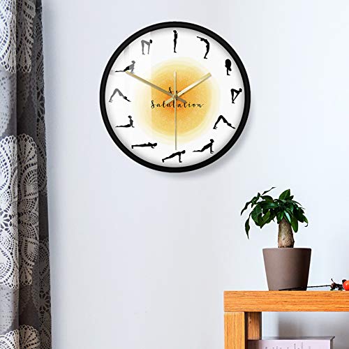 Wall Clock 12 inch Round Iron Frame Clock Yoga Pose Silhouette Wall Clock Non Ticking Sun Salutation Wall Clock Yoga Studio Decor Gift for Yogis