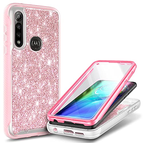 E-Began Moto G Fast Case with [Built-in Screen Protector], Full-Body Shockproof Protective Rugged Bumper Cover, Impact Resistant Case for Motorola Moto G Fast 2020 Release -Glitter Bling Rose Gold