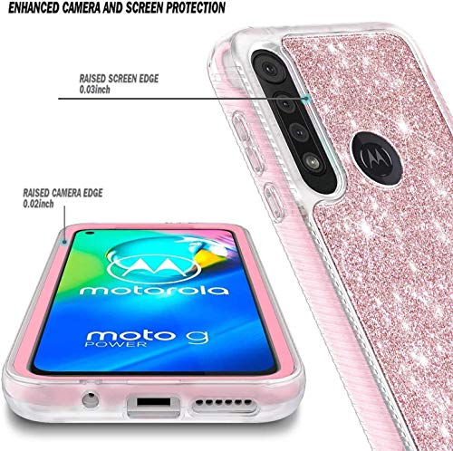 E-Began Moto G Fast Case with [Built-in Screen Protector], Full-Body Shockproof Protective Rugged Bumper Cover, Impact Resistant Case for Motorola Moto G Fast 2020 Release -Glitter Bling Rose Gold