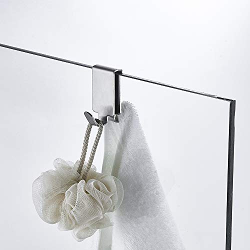 MOKIUER Double Hooks for Glass Shower Door, Towel Hooks Over The Bathroom Glass Wall 0.31-0.39in, Stainless Steel, Brushed,2 Pack.