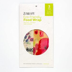 Z Wraps - Reusable Beeswax Food Wraps - Assorted 3-Pack (1 Sm, 2 Med) - Made in USA with 100-Precent Cotton, Organic Beeswax and Jojoba Oil - (Bees, Poppy)