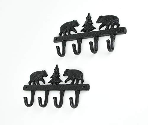 Things2Die4 Set of 2 Cast Iron Black Bear and Pine Tree Wall Hook Racks