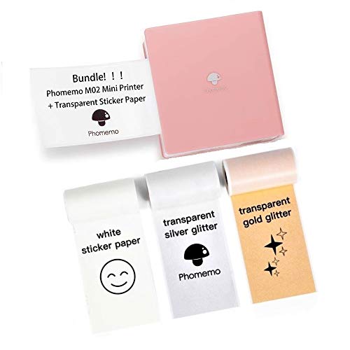 Phomemo M02 Mini Bluetooth Thermal Pocket Printer (Pink) with 3 Rolls Adhesive White/Gold/Silver Glitter Sticker Paper, Compatible with iOS + Android for Plan Journal, Study Notes, DIY, Work, Gift