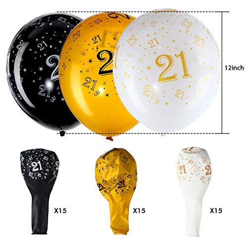 45 Piece 12 Inch 21st Birthday Party Latex Balloons Birthday Anniversary Party Decoration White Gold Black Theme Balloon for Twenty One Birthday Party Supplies Indoor Outdoor Decor