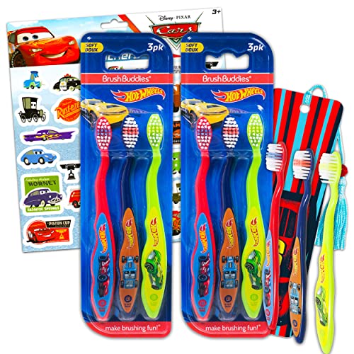 Hot Wheels Cars Boys Toothbrush Set - 6 Pack Toddlers Kids Toothbrush Set with Disney Cars Bookmark and Cars Stickers (Toothbrushes for Kids)