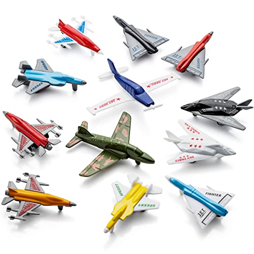 Airplane Toys - 12 Pack Vehicle Aircraft Plane Playset, Includes Styles of Bomber, Military, F-16 Fighter Jets, for Birthday Party Favor Toys, for Kids Boys and Girls (Styles May Very)