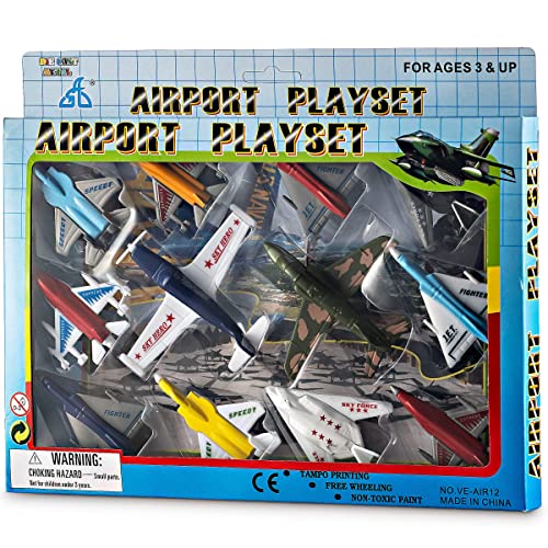 Airplane Toys - 12 Pack Vehicle Aircraft Plane Playset, Includes Styles of Bomber, Military, F-16 Fighter Jets, for Birthday Party Favor Toys, for Kids Boys and Girls (Styles May Very)