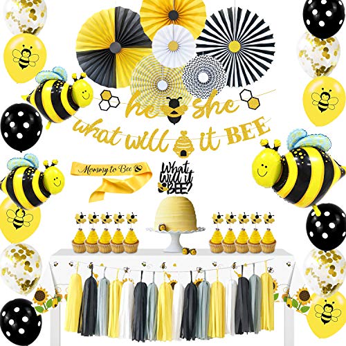 NAIWOXI What Will It Bee Gender Reveal Party Supplies - Bumble Bee Gender Reveal Decorations for Kids Baby Shower, Banner, Table Cloth, Sash, Paper Fans, Cake Topper, Balloons, for Baby Reveal Party