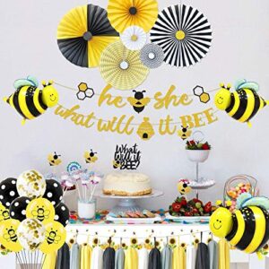 NAIWOXI What Will It Bee Gender Reveal Party Supplies - Bumble Bee Gender Reveal Decorations for Kids Baby Shower, Banner, Table Cloth, Sash, Paper Fans, Cake Topper, Balloons, for Baby Reveal Party