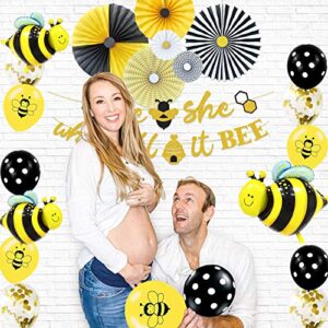 NAIWOXI What Will It Bee Gender Reveal Party Supplies - Bumble Bee Gender Reveal Decorations for Kids Baby Shower, Banner, Table Cloth, Sash, Paper Fans, Cake Topper, Balloons, for Baby Reveal Party