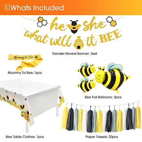 NAIWOXI What Will It Bee Gender Reveal Party Supplies - Bumble Bee Gender Reveal Decorations for Kids Baby Shower, Banner, Table Cloth, Sash, Paper Fans, Cake Topper, Balloons, for Baby Reveal Party