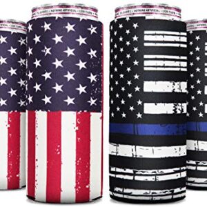 Skinny Can Cooler [ 4 Pack ] Slim Can Cooler for Slim Beer & Hard Seltzer, Skinny Beer Cans Coolie Skinny Insulators, Can Cooler Sleeve Flags