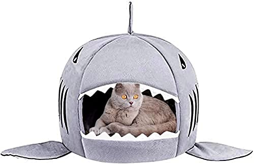 Cat Litter Hot Cat Mat Shark-Shaped House Warm Kennel Kitten Bed One Mat Two Usage Shark Bed for Small Cat Dog Cave Cozy Bed Removable （Light Grey）