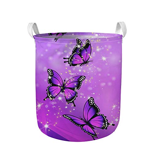 Babrukda Waterproof Laundry Basket Hamper with Durable Handles, Washing Bin, Dirty Clothes Storage Organizer, for Bathroom, Bedroom, Closet, Kids Dog Toys Clothing Collection, Purple Bling Butterfly