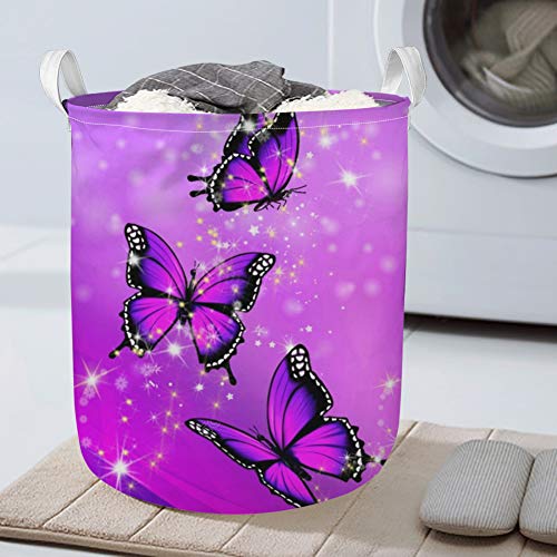 Babrukda Waterproof Laundry Basket Hamper with Durable Handles, Washing Bin, Dirty Clothes Storage Organizer, for Bathroom, Bedroom, Closet, Kids Dog Toys Clothing Collection, Purple Bling Butterfly