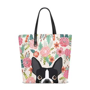 flowers boston terrier travel double-sided reusable grocery shopping gym tote bag portable storage handbag - cute dog paw prints