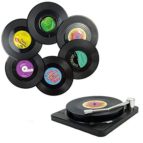 MECOWON Music Coasters with Vinyl Record Player Holder, Set of 6 Drink Coasters for Music Lovers