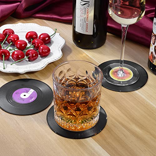 MECOWON Music Coasters with Vinyl Record Player Holder, Set of 6 Drink Coasters for Music Lovers