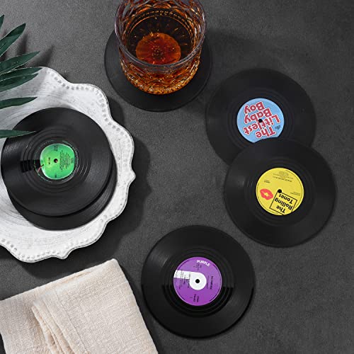 MECOWON Music Coasters with Vinyl Record Player Holder, Set of 6 Drink Coasters for Music Lovers