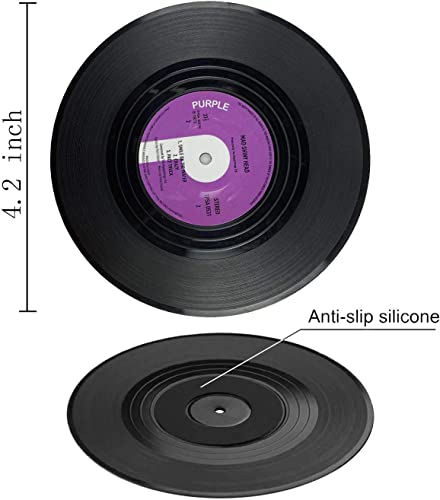 MECOWON Music Coasters with Vinyl Record Player Holder, Set of 6 Drink Coasters for Music Lovers