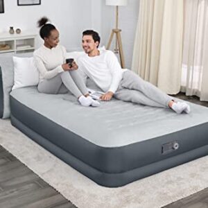 SLEEPLUX Queen Air Mattress with Headboard | Supersoft Snugable Top, Extra Durable Tough Guard | Raised Airbed with Built in Pump + USB Charger (90"x60"x29") Grey