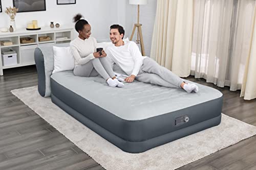 SLEEPLUX Queen Air Mattress with Headboard | Supersoft Snugable Top, Extra Durable Tough Guard | Raised Airbed with Built in Pump + USB Charger (90"x60"x29") Grey