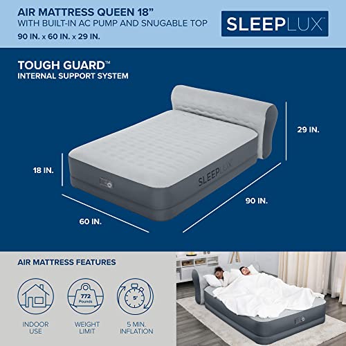 SLEEPLUX Queen Air Mattress with Headboard | Supersoft Snugable Top, Extra Durable Tough Guard | Raised Airbed with Built in Pump + USB Charger (90"x60"x29") Grey