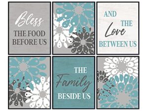 dining room, kitchen decor - bless the food before us sign - teal blue wall art set - vintage style home decor - gift for cooks and chefs - great engagement, anniversary or birthday gift for women