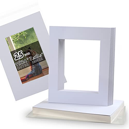 Acid Free 25 Pack 11x14 Pre-Cut Mat Board Show Kit for 8x10 Photos, Prints or Artworks, 25 Core Bevel Cut Matts and 25 Backing Boards and 25 Crystal Plastic Bags, White