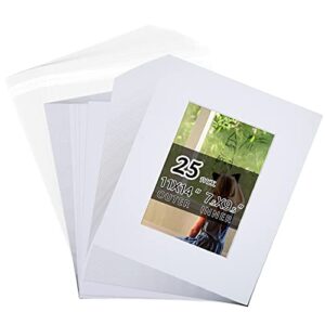 Acid Free 25 Pack 11x14 Pre-Cut Mat Board Show Kit for 8x10 Photos, Prints or Artworks, 25 Core Bevel Cut Matts and 25 Backing Boards and 25 Crystal Plastic Bags, White