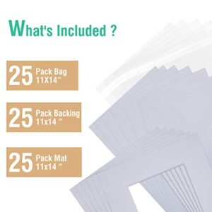 Acid Free 25 Pack 11x14 Pre-Cut Mat Board Show Kit for 8x10 Photos, Prints or Artworks, 25 Core Bevel Cut Matts and 25 Backing Boards and 25 Crystal Plastic Bags, White