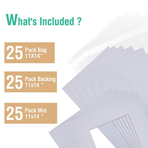 Acid Free 25 Pack 11x14 Pre-Cut Mat Board Show Kit for 8x10 Photos, Prints or Artworks, 25 Core Bevel Cut Matts and 25 Backing Boards and 25 Crystal Plastic Bags, White