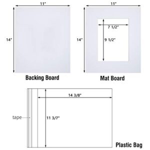 Acid Free 25 Pack 11x14 Pre-Cut Mat Board Show Kit for 8x10 Photos, Prints or Artworks, 25 Core Bevel Cut Matts and 25 Backing Boards and 25 Crystal Plastic Bags, White