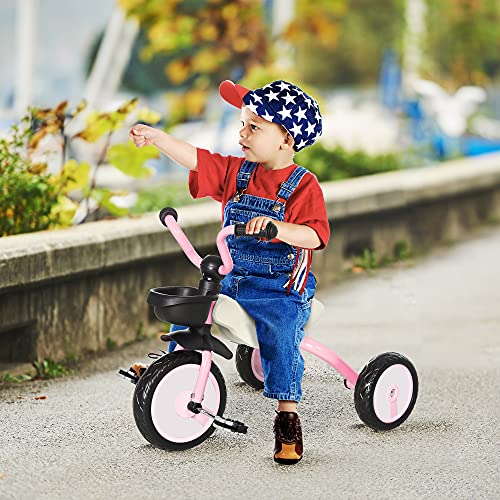 Qaba 3 Wheel Foldable Kids Tricycle Walking Toddler Bike for for 3-5 Year-Old Boys & Girls Pink