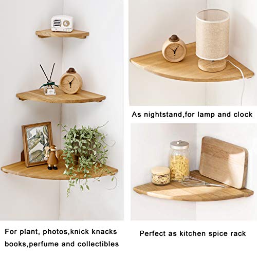 BEUGAWHOO Corner Shelf Wall Mount 12inch Oak Wood Floating Wall Shelf Round End Small Corner Nightstand Plant Stand Wall Mount for Kitchen, Living Room, Bedroom