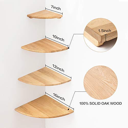 BEUGAWHOO Corner Shelf Wall Mount 12inch Oak Wood Floating Wall Shelf Round End Small Corner Nightstand Plant Stand Wall Mount for Kitchen, Living Room, Bedroom