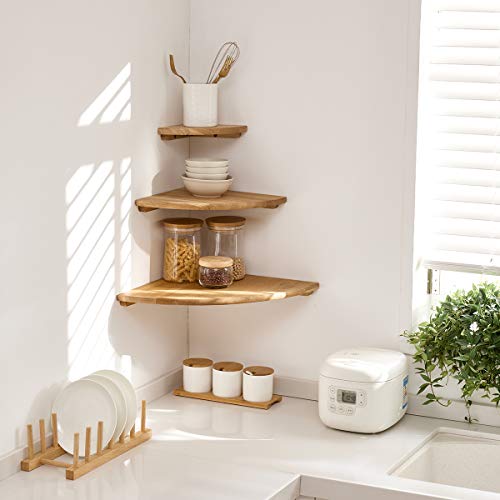 BEUGAWHOO Corner Shelf Wall Mount 12inch Oak Wood Floating Wall Shelf Round End Small Corner Nightstand Plant Stand Wall Mount for Kitchen, Living Room, Bedroom