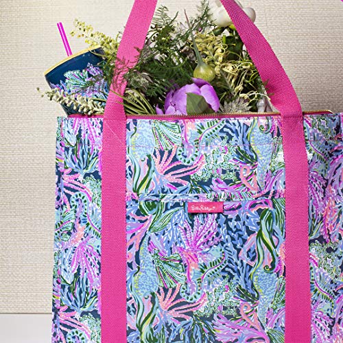 Lilly Pulitzer Insulated Market Shopper Bag Large Capacity, Oversize Reusable Grocery Tote with Thermal Insulated Interior, Bringing Mermaid Back