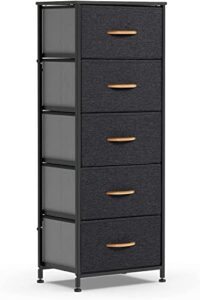 waytrim dresser storage tower, 5 fabric organizer drawers, wide chest of drawers for closet boys & girls bedroom, bedside furniture, steel frame, wood top, fabric bins, easy installation (dark grey)