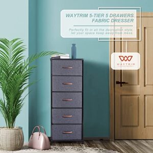 WAYTRIM Dresser Storage Tower, 5 Fabric Organizer Drawers, Wide Chest of Drawers for Closet Boys & Girls Bedroom, Bedside Furniture, Steel Frame, Wood Top, Fabric Bins, Easy Installation (Dark Grey)