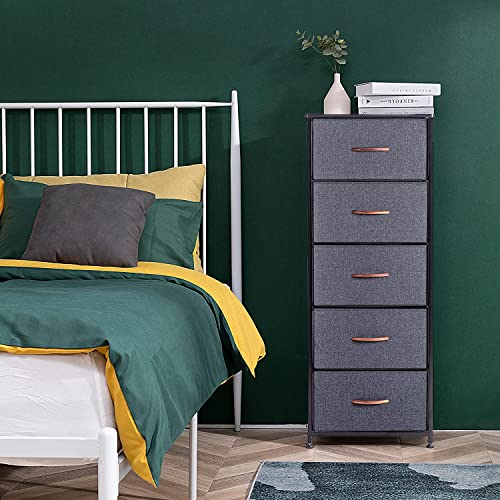 WAYTRIM Dresser Storage Tower, 5 Fabric Organizer Drawers, Wide Chest of Drawers for Closet Boys & Girls Bedroom, Bedside Furniture, Steel Frame, Wood Top, Fabric Bins, Easy Installation (Dark Grey)