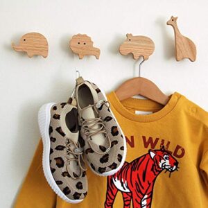 awhitewolfproduct children's coat hooks wall mounted, bedroom or nursery - wooden african safari animal theme decor - set of (4) natural oak wood cute elephant lion giraffe & hippo kids hangers