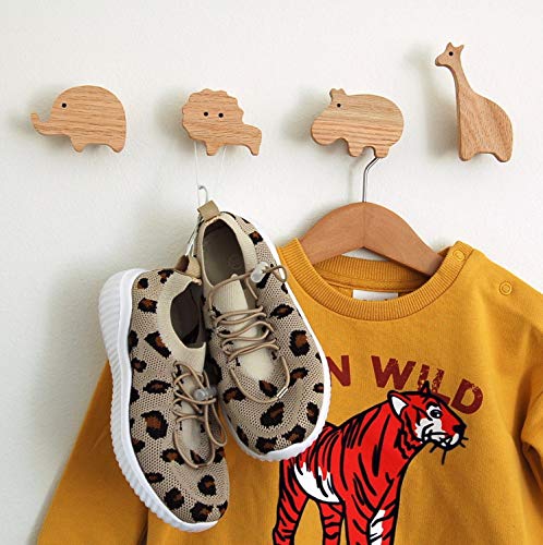 aWhiteWolfproduct Children's Coat Hooks Wall Mounted, Bedroom Or Nursery - Wooden African Safari Animal Theme Decor - Set of (4) Natural Oak Wood Cute Elephant Lion Giraffe & Hippo Kids Hangers