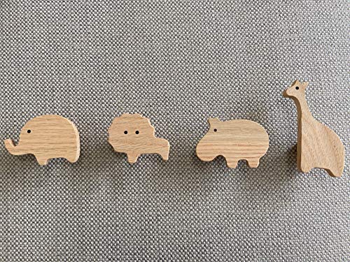 aWhiteWolfproduct Children's Coat Hooks Wall Mounted, Bedroom Or Nursery - Wooden African Safari Animal Theme Decor - Set of (4) Natural Oak Wood Cute Elephant Lion Giraffe & Hippo Kids Hangers