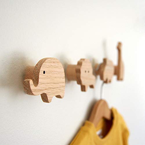 aWhiteWolfproduct Children's Coat Hooks Wall Mounted, Bedroom Or Nursery - Wooden African Safari Animal Theme Decor - Set of (4) Natural Oak Wood Cute Elephant Lion Giraffe & Hippo Kids Hangers