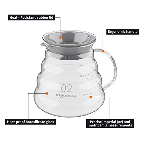 Ingeware Glass Coffee Carafe, 600ml Pour Over Glass Coffee Server Coffee Pot Maker Clear Pour Over Carafe 20oz Capacity