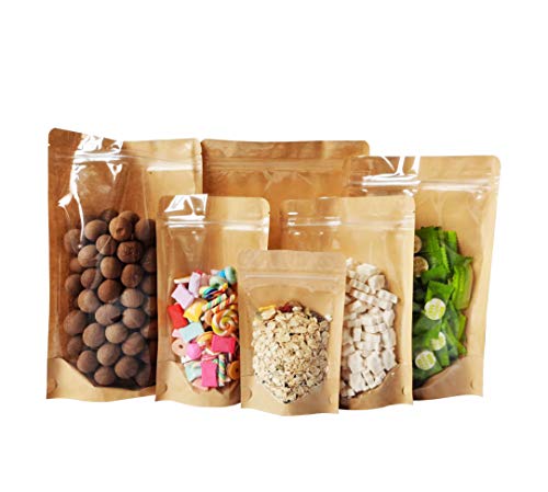 Couga Mall All-Purpose Kraft Paper Stand Up Bag, Zip Lock Reusable Kraft Package Bag Storage Pouch with Notch and Clear Front for Storing Seeds, Snack and Nuts – Brown – 50 PCS (4.7”7.8”(1220cm))