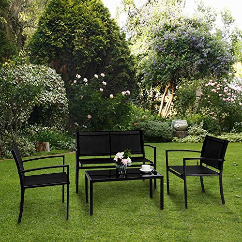 VINGLI 4 Pieces Patio Conversation Set Patio Furniture Set with Loveseat and Coffee Table, Outdoor Sofa Garden Lawn,Patio Chairs for Poolside Porch (Black)